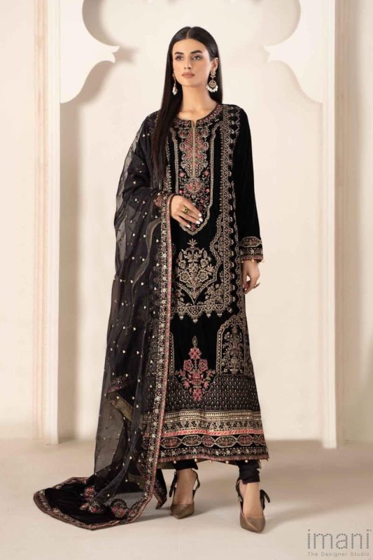 Maria.B Evening Wear Black Velvet Outfit MBSF-W23216BV - Imani Studio