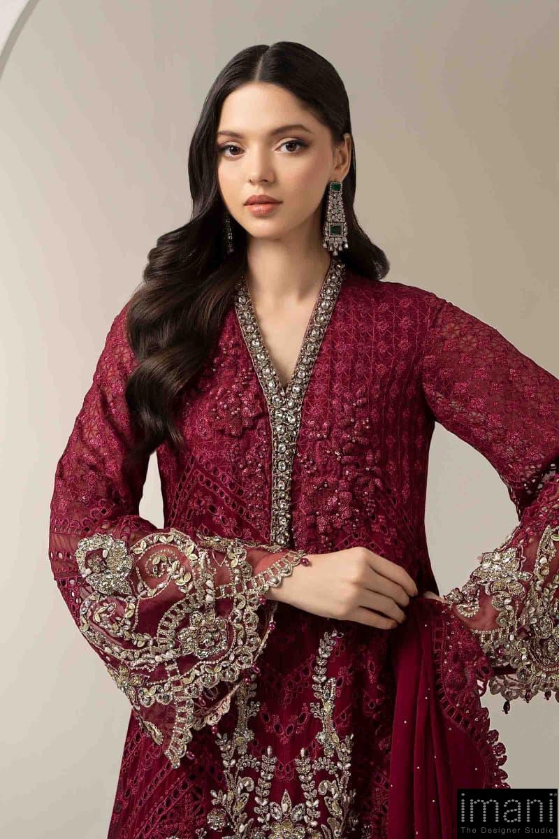 Luxury Formal Magenta Embroidered Chiffon Suit MBDS-W3003MT - Imani Studio